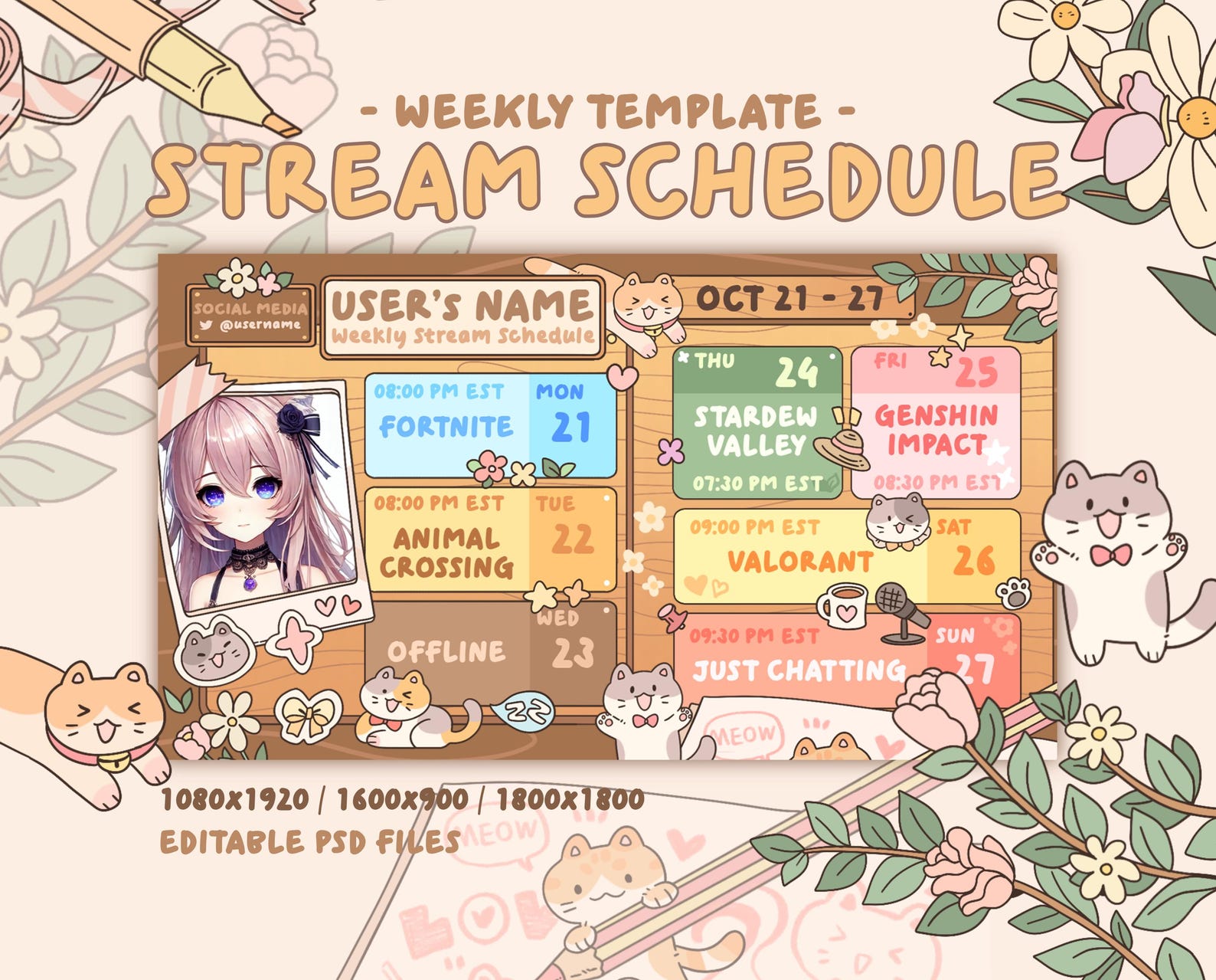 Cottagecore Stream Schedule Template: Editable Twitch/youtube (PSD File ...