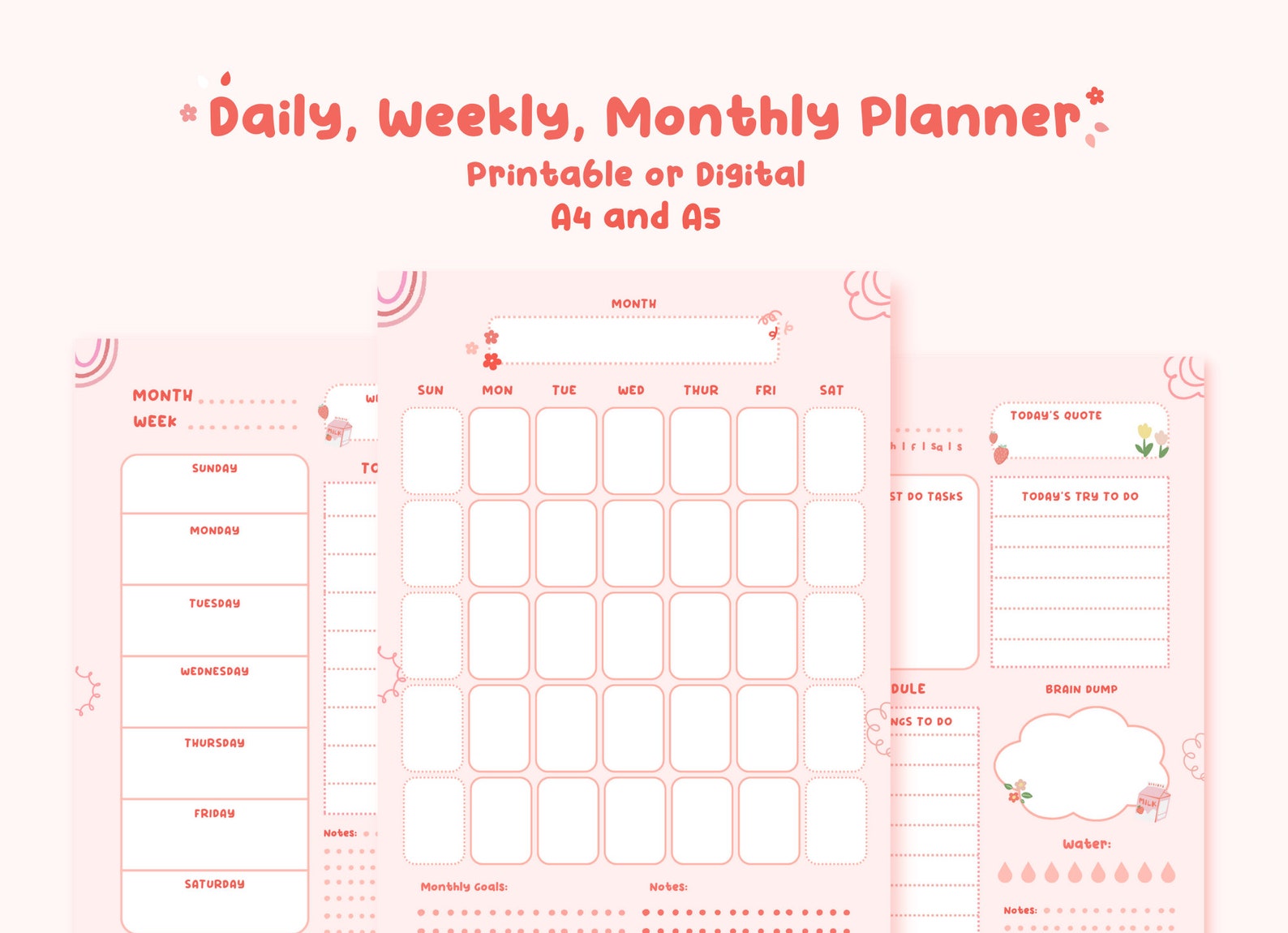 Strawberry Planner Pink Daily Planner, Weekly Planner, Monthly Planner ...
