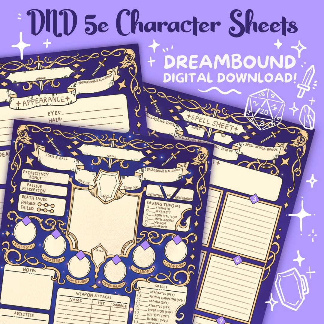 Dreambound: Dnd 5e Character Sheets | Printable Dungeons and Dragons PDF - Etsy UK