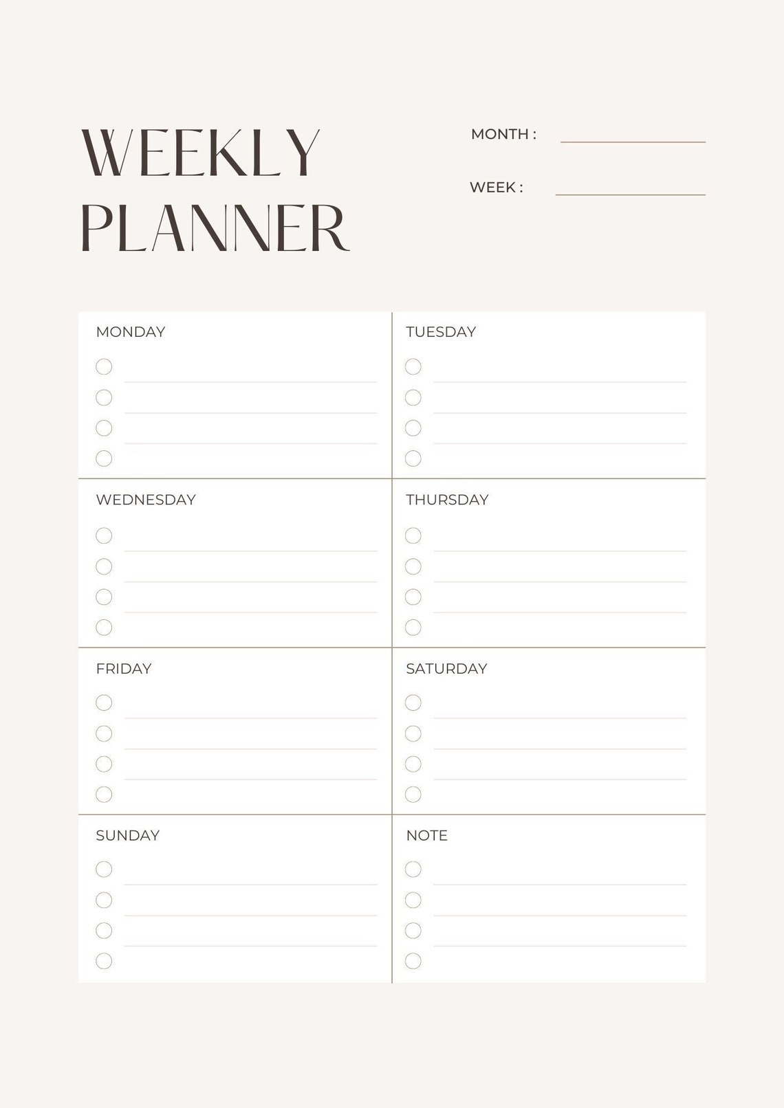 Weekly Planner Printable Portrait Minimalist Weekly Schedule - Etsy