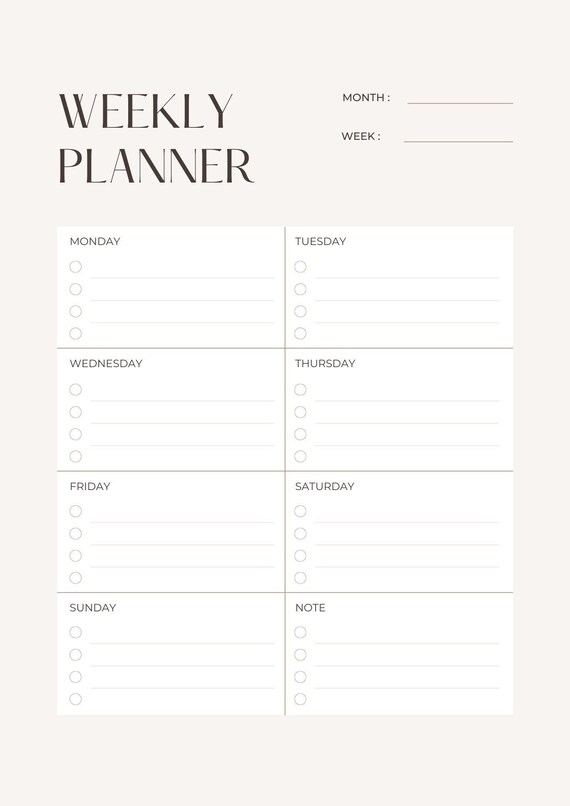 Weekly Planner Printable Portrait Minimalist Weekly Schedule - Etsy