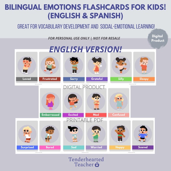 Bilingual Emotions Flashcards english & Spanish for Kids - Etsy