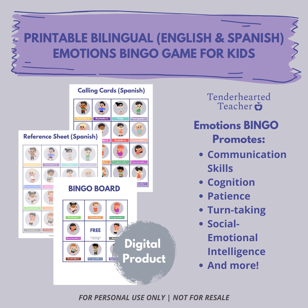 Bilingual Emotions BINGO Game (english & Spanish) for Kids ...