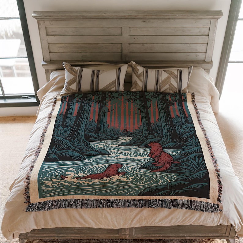 Woven Otter Blanket, Teal & Rust Cotton Throw, Woodland River Forest ...