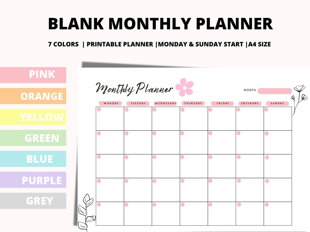 Printable Blank Monthly Planner With Seven Color Options, Sunday/monday ...