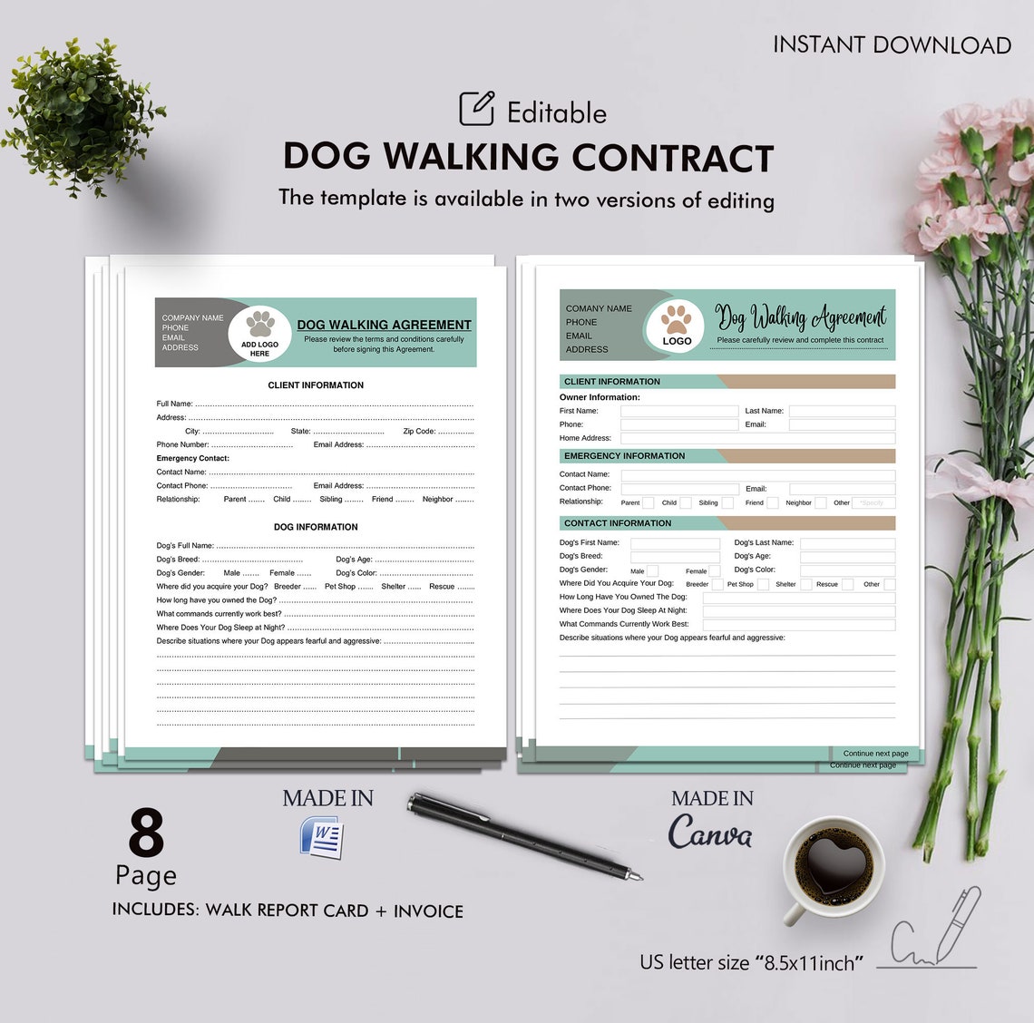 Dog Walking Contract Agreement, Report Card, Editable Template, Instant ...