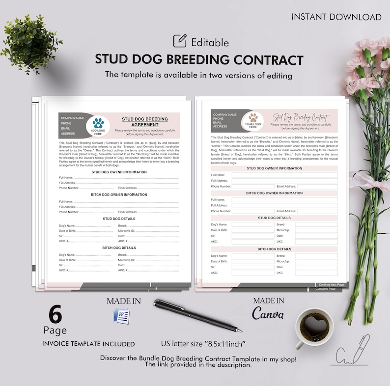 Dog Breeding Stud Dog Contract Agreement, Editable Template, Instant ...