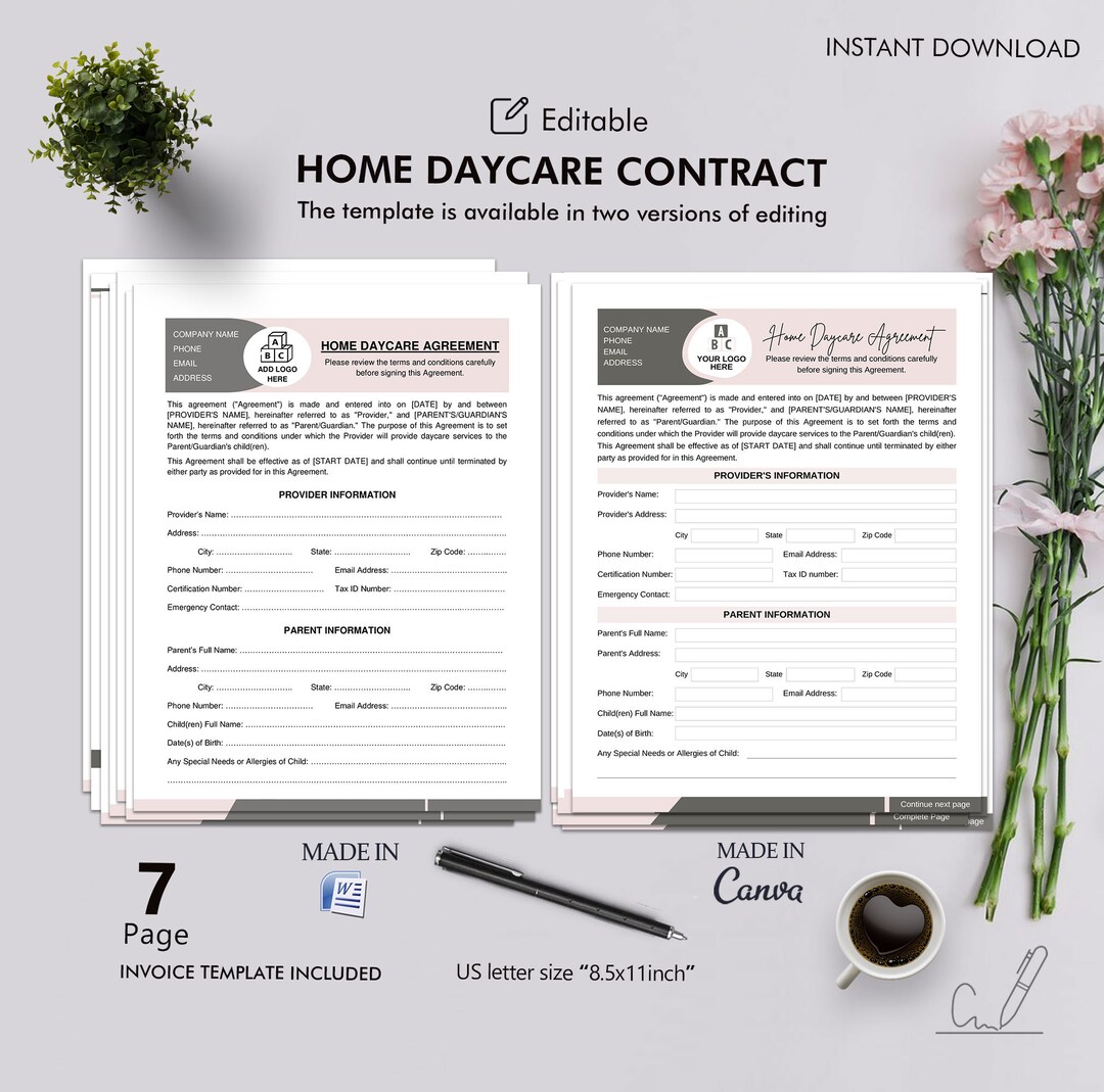 Home Daycare Agreement, Professional Childcare Contract, Editable ...