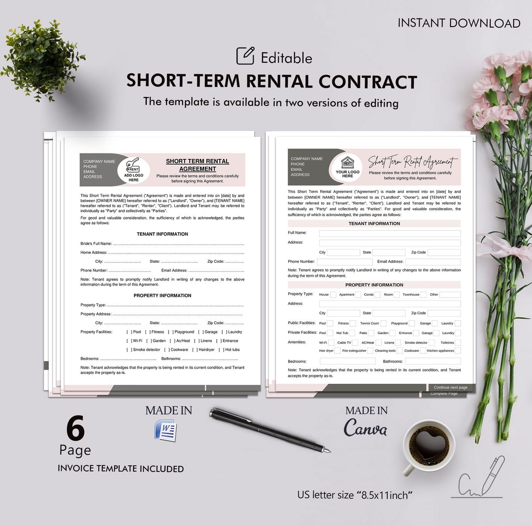 Short Term Rental Agreement, Editable Contract Template, Instant ...