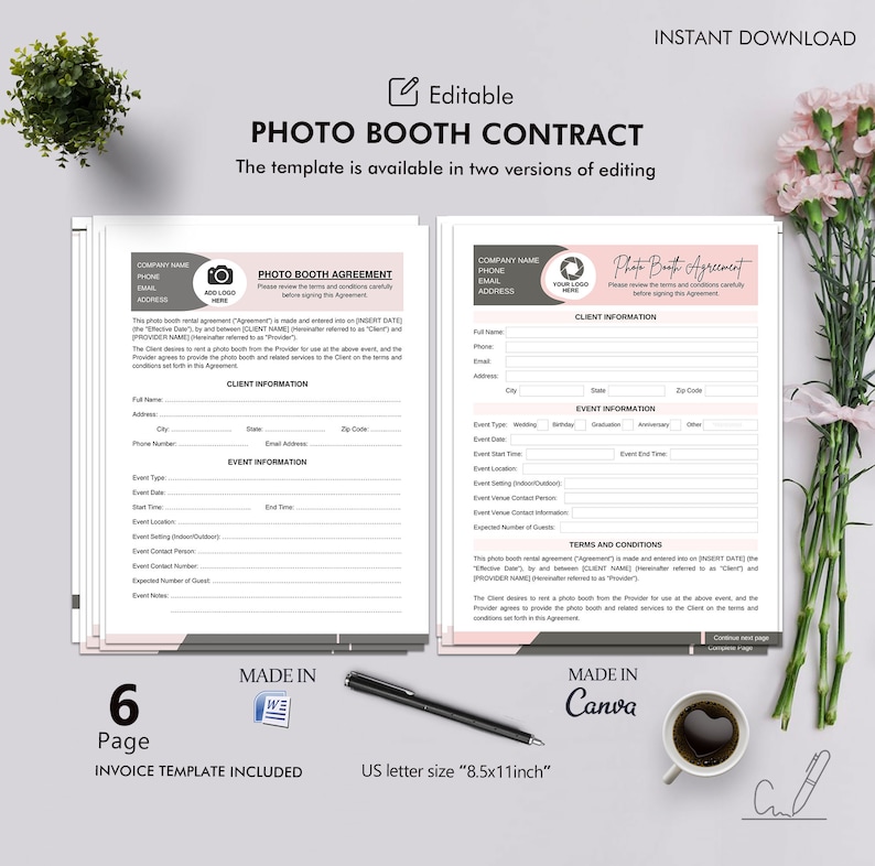 Photo Booth Rental Contract Agreement, Editable Template, Instant ...