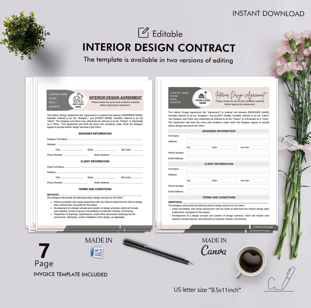 Interior Design Contract Agreement, Design Services Terms, Editable ...