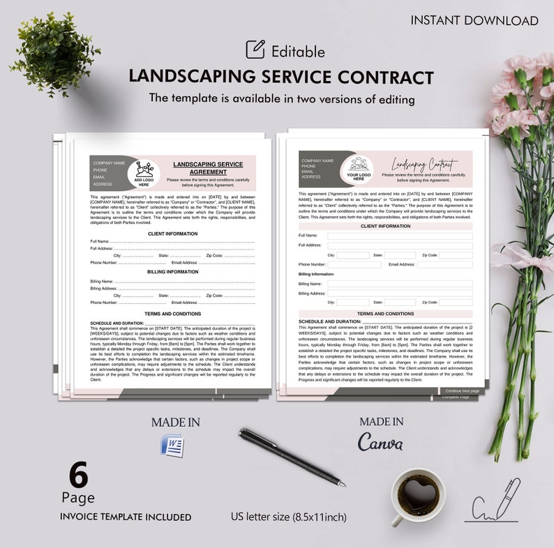 Landscaping Services Contract, Landscape Agreement, Editable Template ...