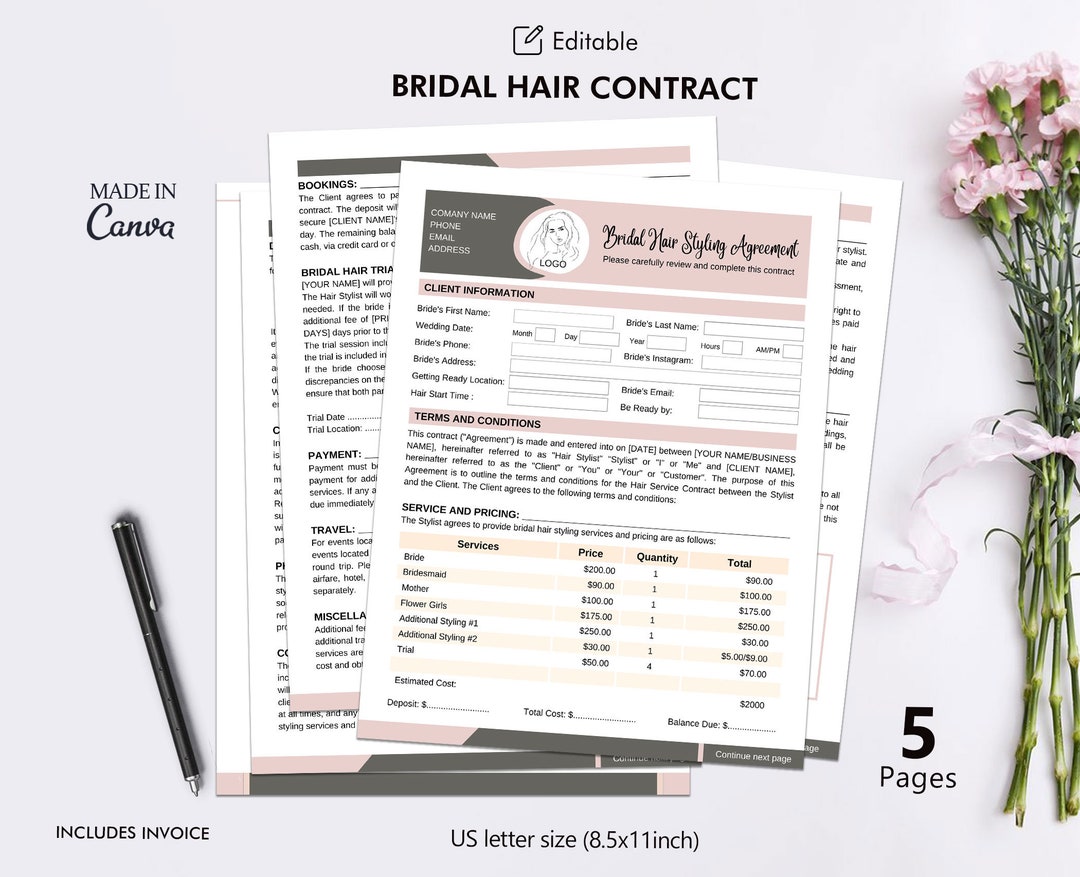 Bridal Hair Contract Agreement, Freelance Hair Stylists, Editable ...