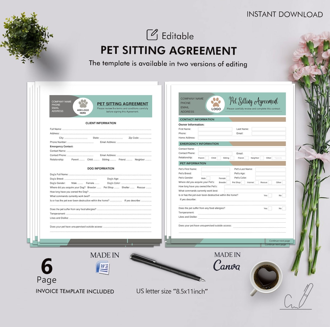 Pet Sitting Contract Agreement Form, Sitter, Editable Template, Instant ...