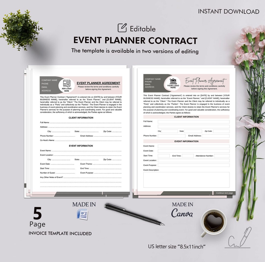 Event Planner Contract Agreement, Editable Template, Instant Download ...