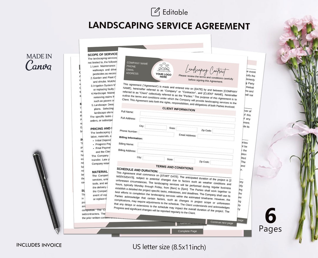 Landscaping Services Contract Landscape Agreement Editable - Etsy