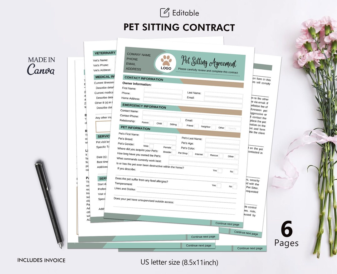 Pet Sitting Contract Agreement Form Sitter Editable - Etsy