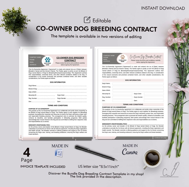 Dog Breeding Co-owner Contract Agreement, Editable Template, Instant ...