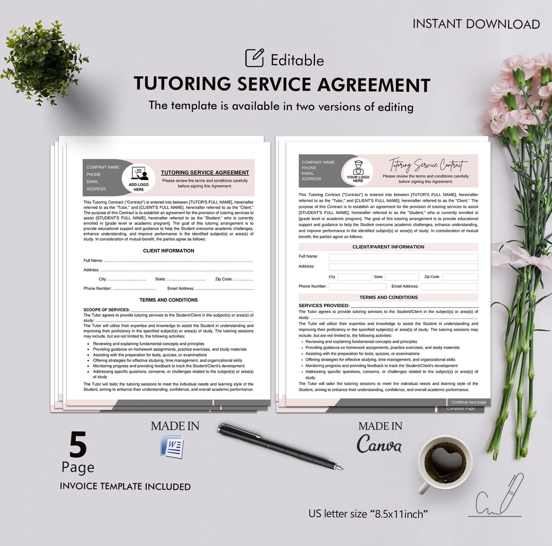 Tutoring Service Contract, Tutoring Agreement, Editable Template ...