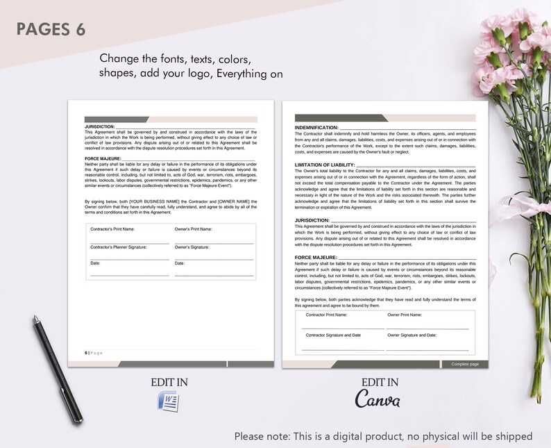 Construction Contract Agreement, Contractor Templates Editable, Instant ...