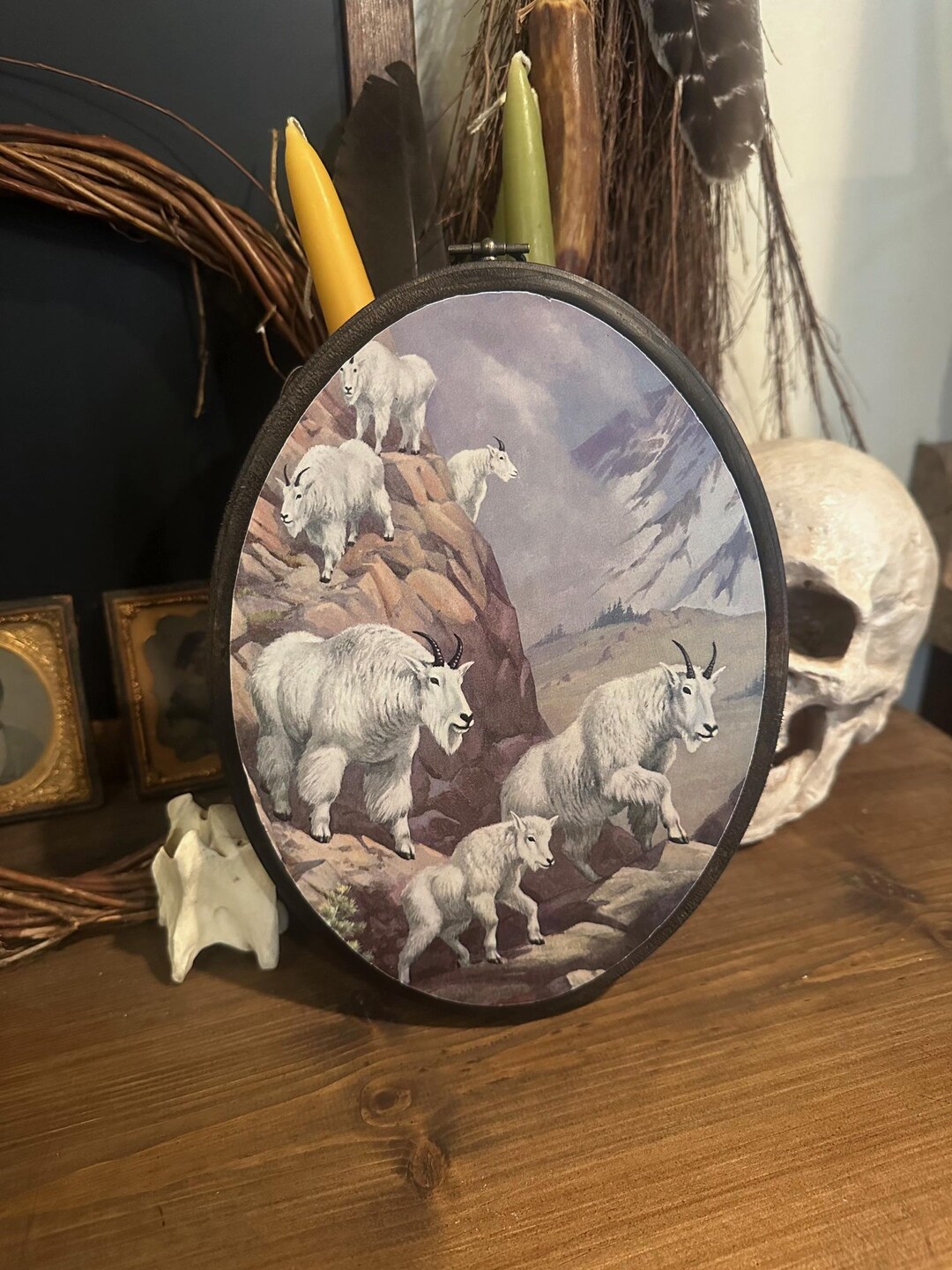 Handmade Decoupage Oval Wood Wall Hanging - Mountain Goats and Kids ...