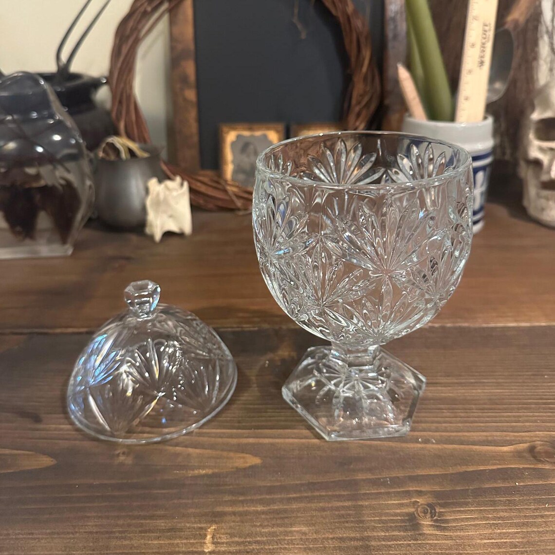 Vintage Pedestal Egg Shape Crystal Cut Glass Candy Dish With Lid ...
