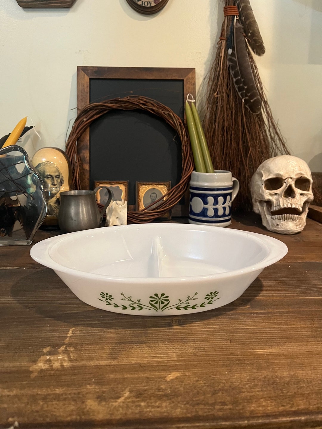 Divided Glasbake Casserole Dish With Green Crazy Daisy Spring Blossom ...