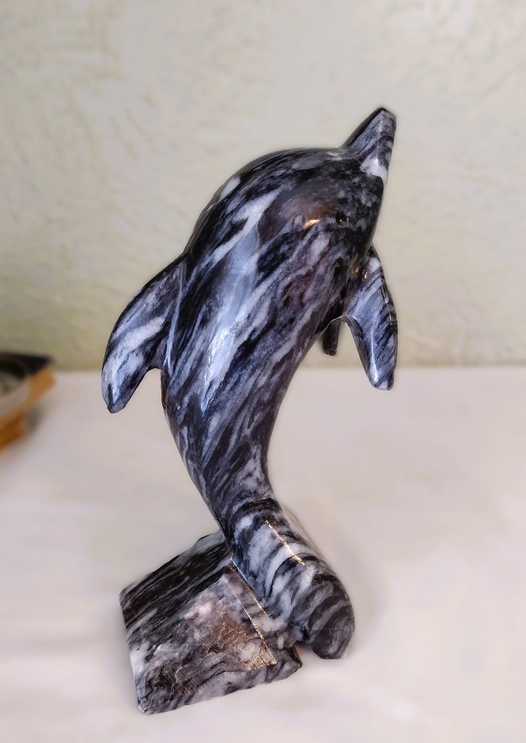 Vintage Marble Dolphin Figurine - Natural Stone Black & White Dolphin ...