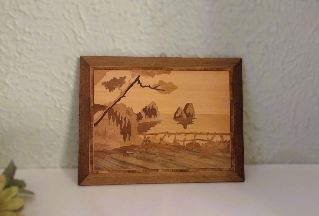 Vintage Wood Inlay Wall Art - Ocean Seaside Scene - 9x7 - Wooden Wall ...