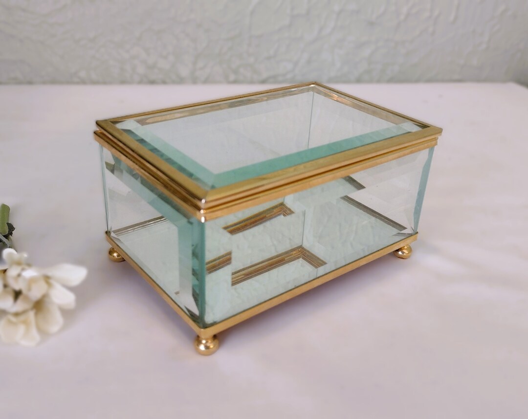 Vintage Glass & Gold Metal Trinket Dish Beveled Glass Footed Mirror ...