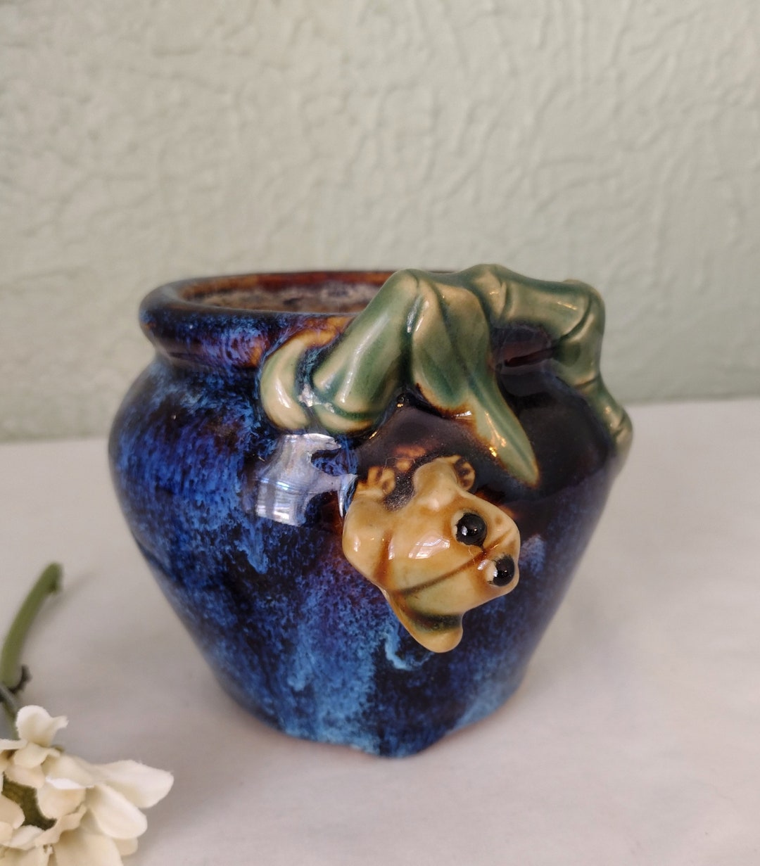 Vintage Pottery Planter Pot Blue Glazed W/ Frog Embellishment Plants ...