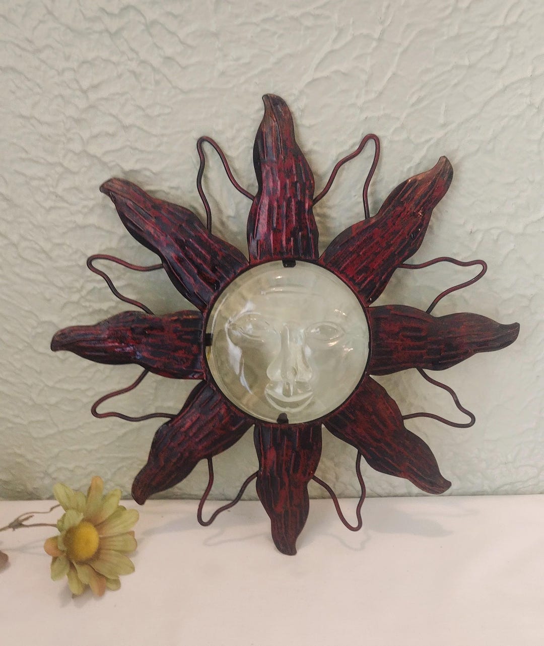 Vintage Metal & Glass Sun Face Wall Hanging - 10" Sunface Wall Decor ...