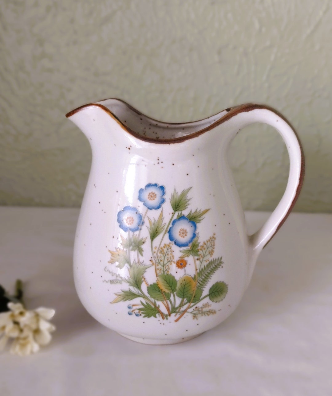 Vintage Japan Blue Floral Stoneware Pitcher- Speckled/blue Flowers/tea ...