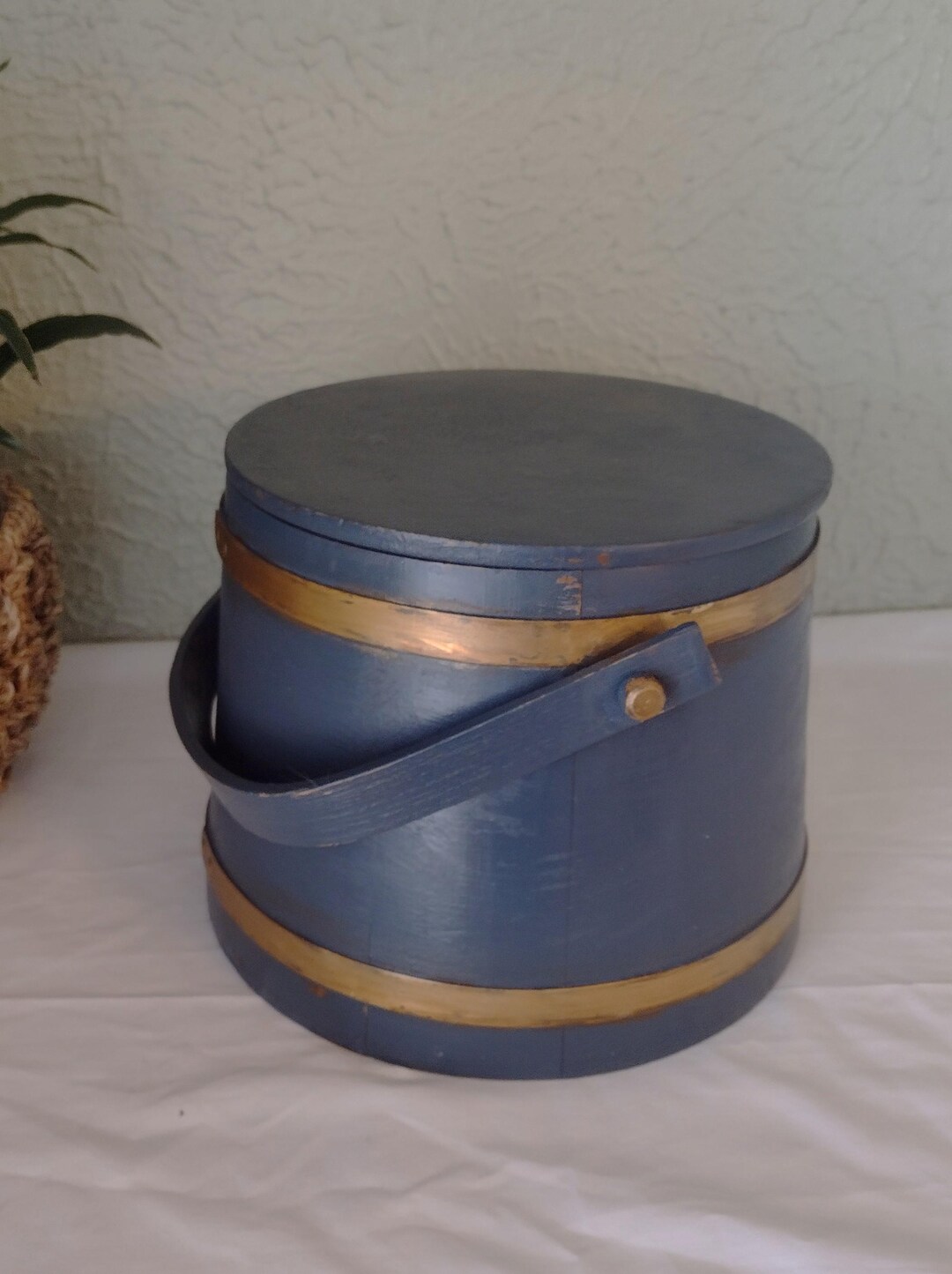 Vintage Wooden Firkin Bucket W/ Gold Metal Band - Blue Wood Sugar/flour ...