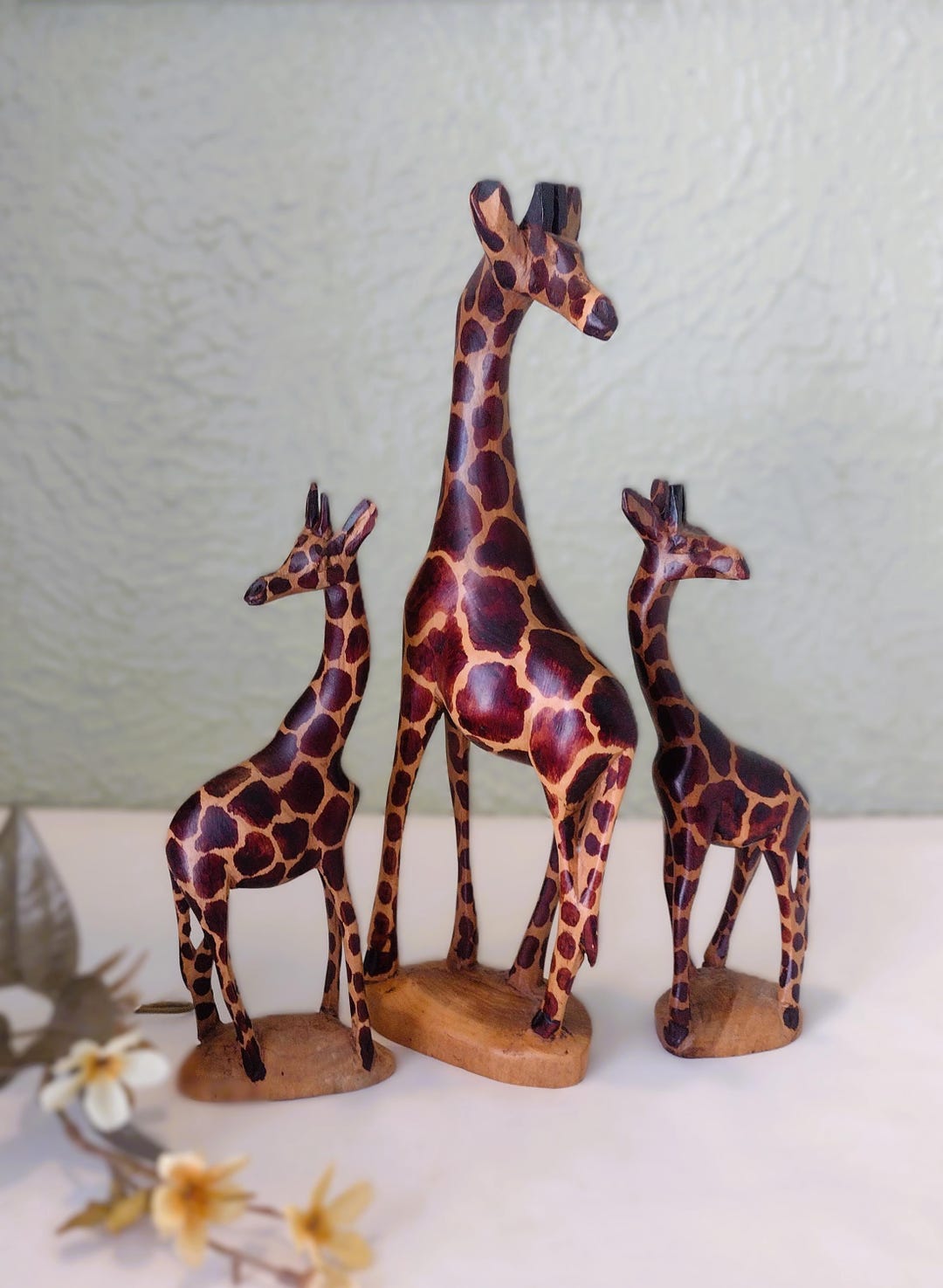 Set of 3 Wood Carved Giraffe Figurines - Hand Carved Painted Wooden ...