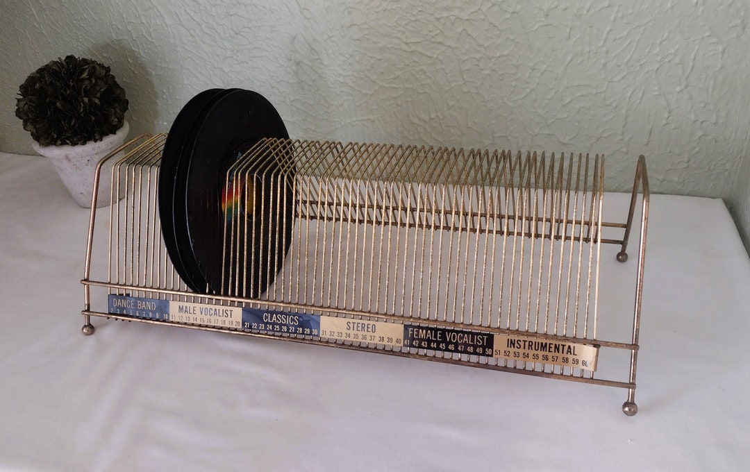 Vintage Gold Tone Metal Wire Record Album/ Vinyl Rack 60 Slots 16.5 ...