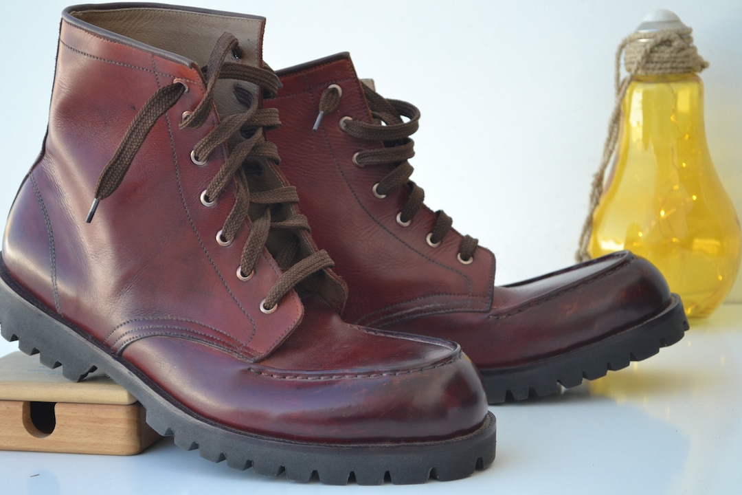 Handmade Men's Burgundy Color Genuine Calf Leather Ankle High Hiking ...