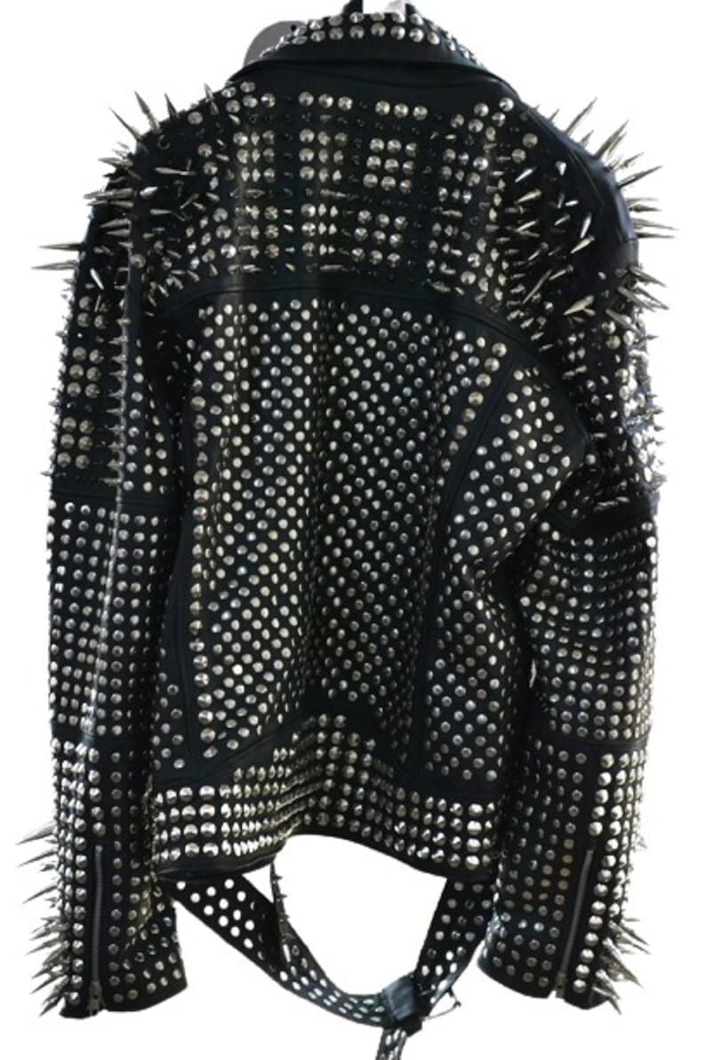 Men's Pure Leather Stylish Fashion Black Color Punk Silver Long Spiked ...