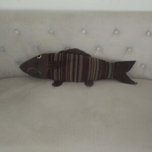 Large Recycled Striped Brown Wool Plush Rustic Mountain Fish With ...