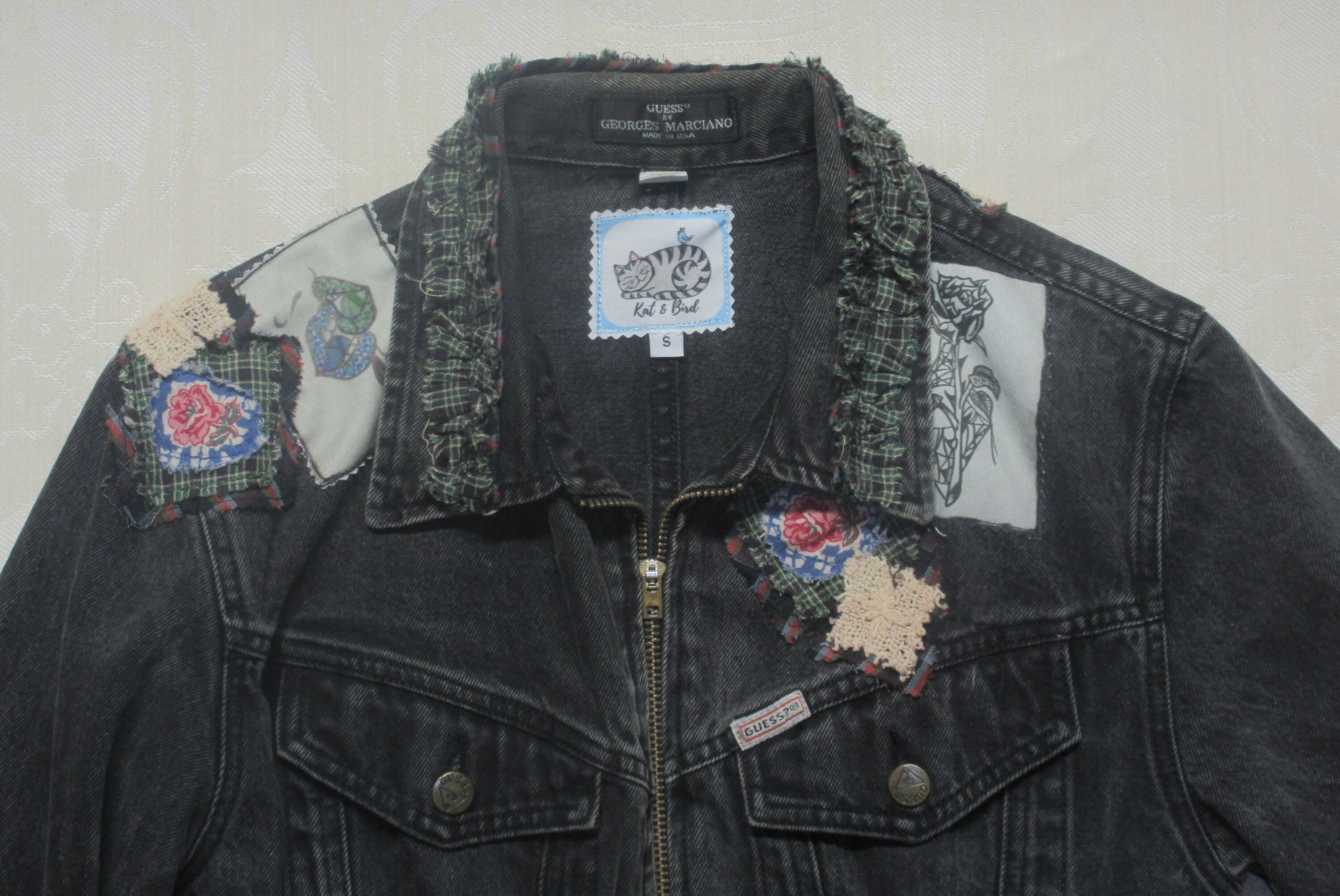 Vintage Upcycled Recycled Black Denim Guess Jean Jacket With Patches ...