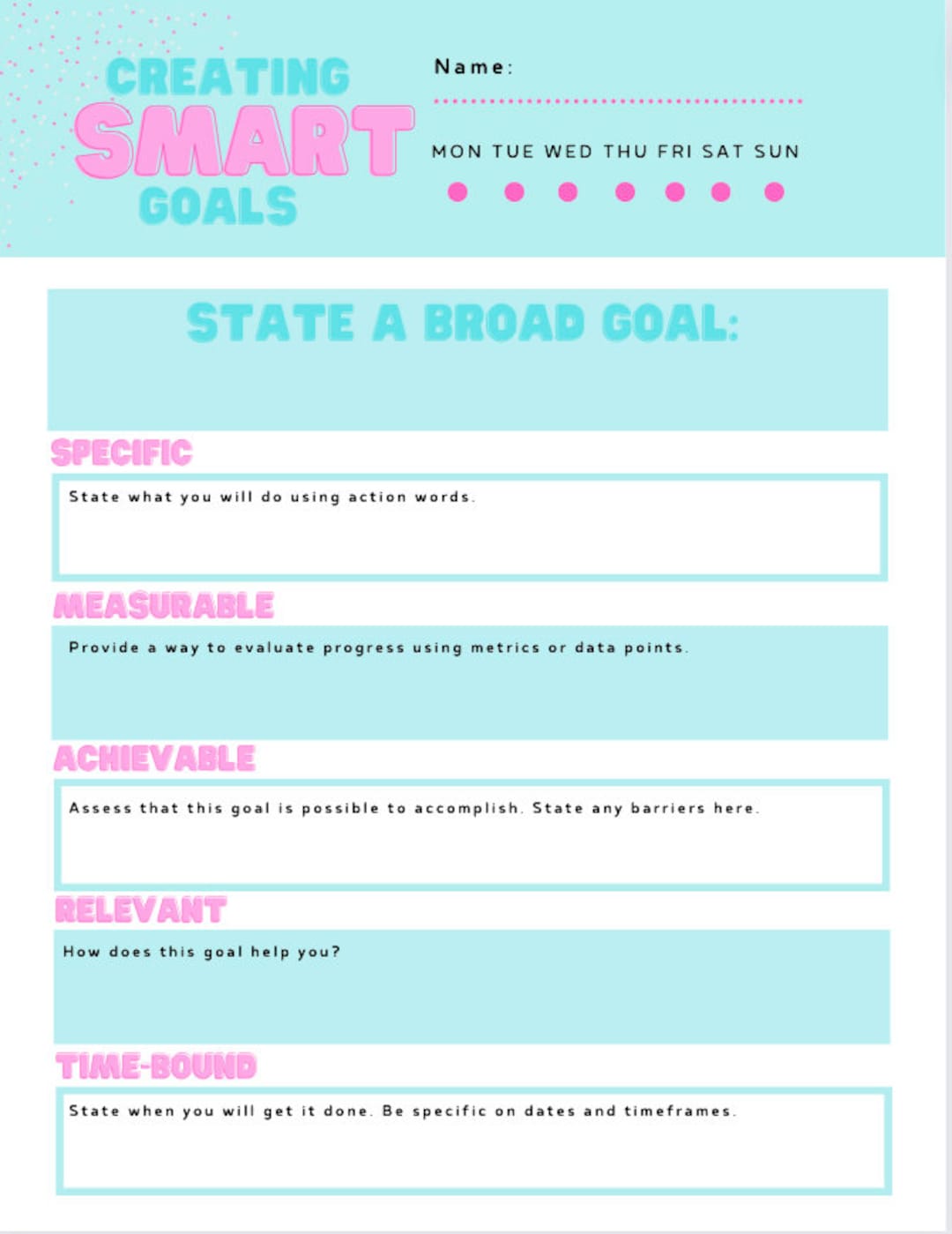 SMART Goals Worksheet TEMPLATE - Etsy