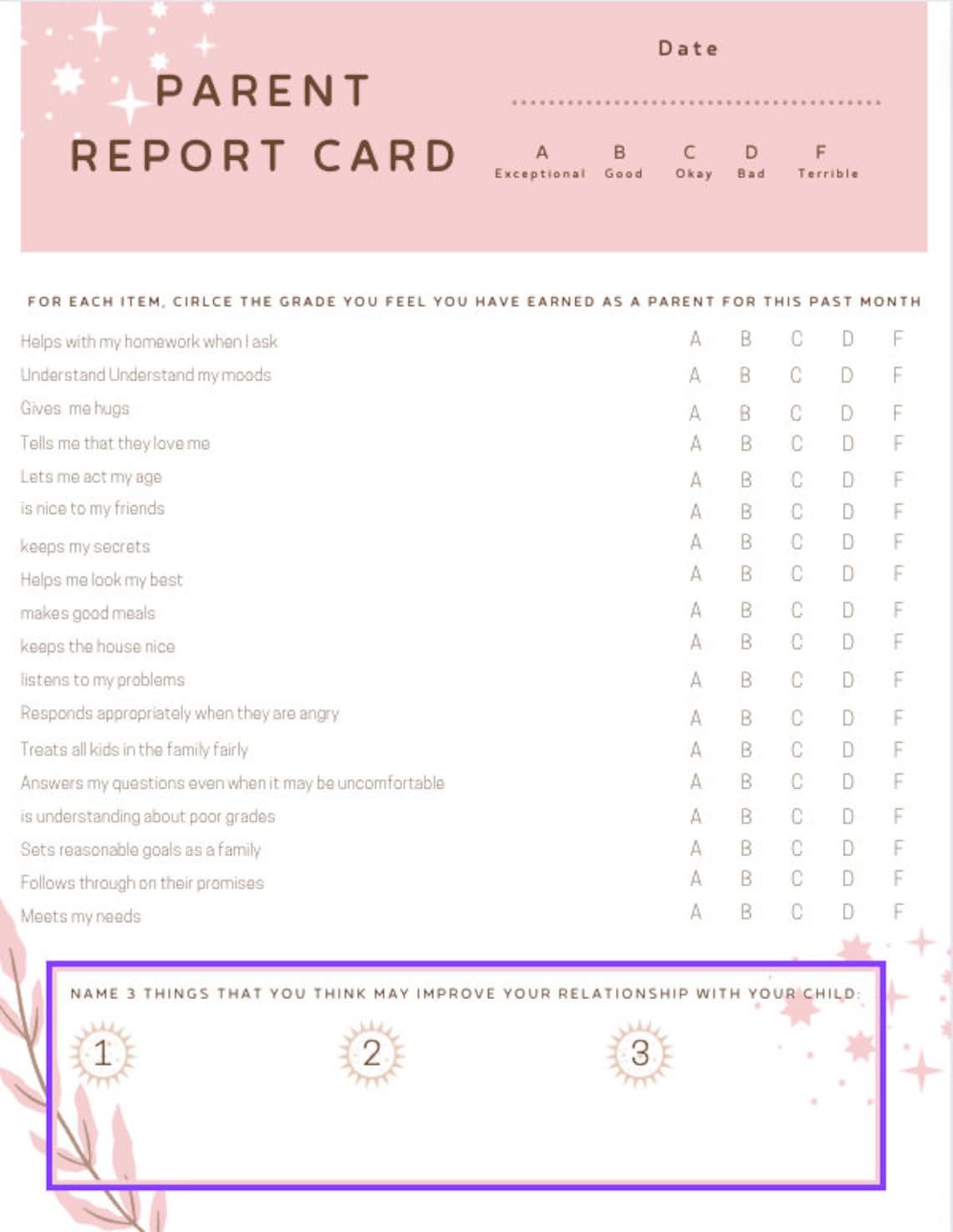 Parent Report Card Template- for Parents and Kids - Etsy