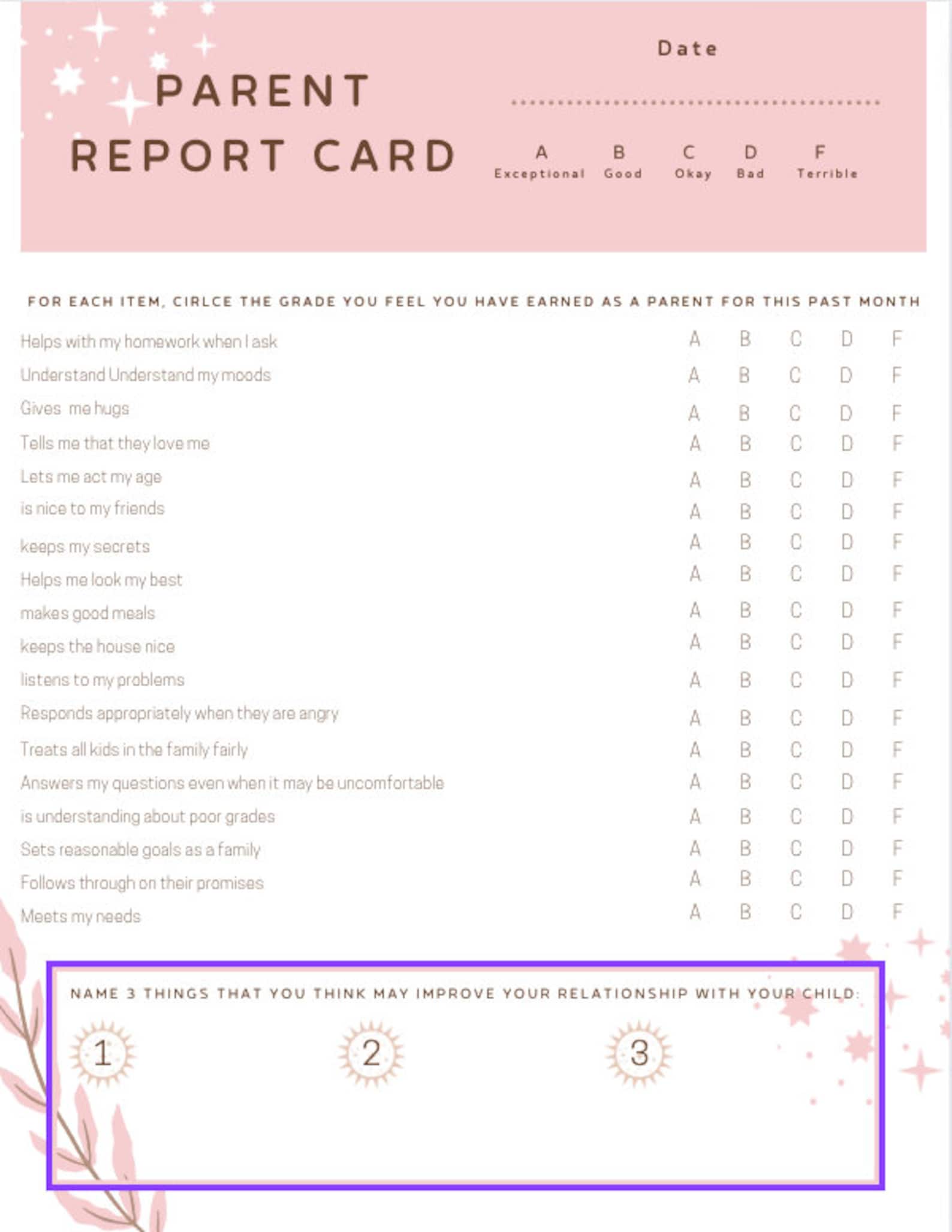 Parent Report Card Template- for Parents and Kids - Etsy