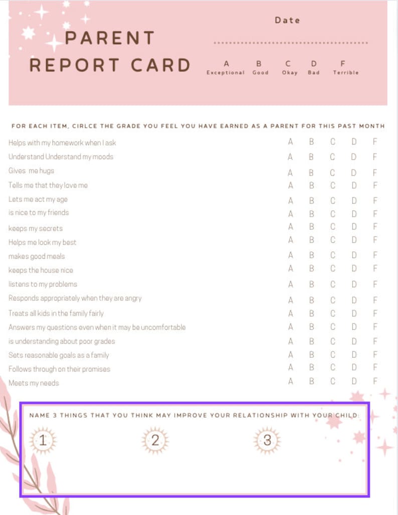 Parent Report Card Template- for Parents and Kids - Etsy