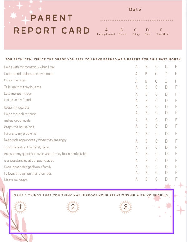 Parent Report Card Template- for Parents and Kids - Etsy