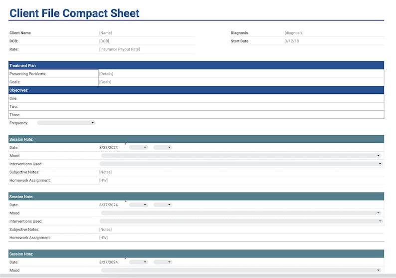 Client File Compact Sheet for Therapy Notes- Google Sheets Template - Etsy