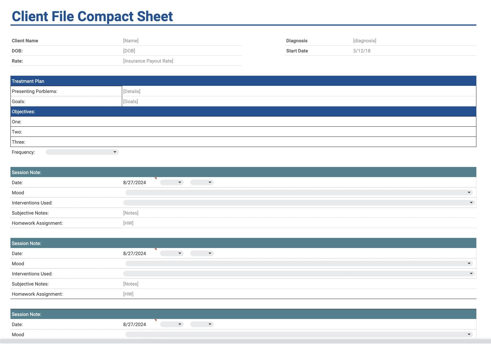 Client File Compact Sheet for Therapy Notes- Google Sheets Template - Etsy