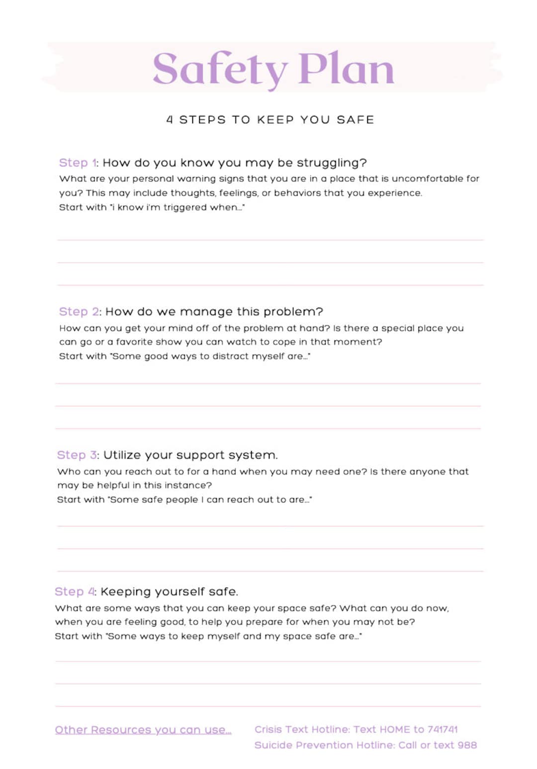 Safety Plan Worksheet PDF - Etsy