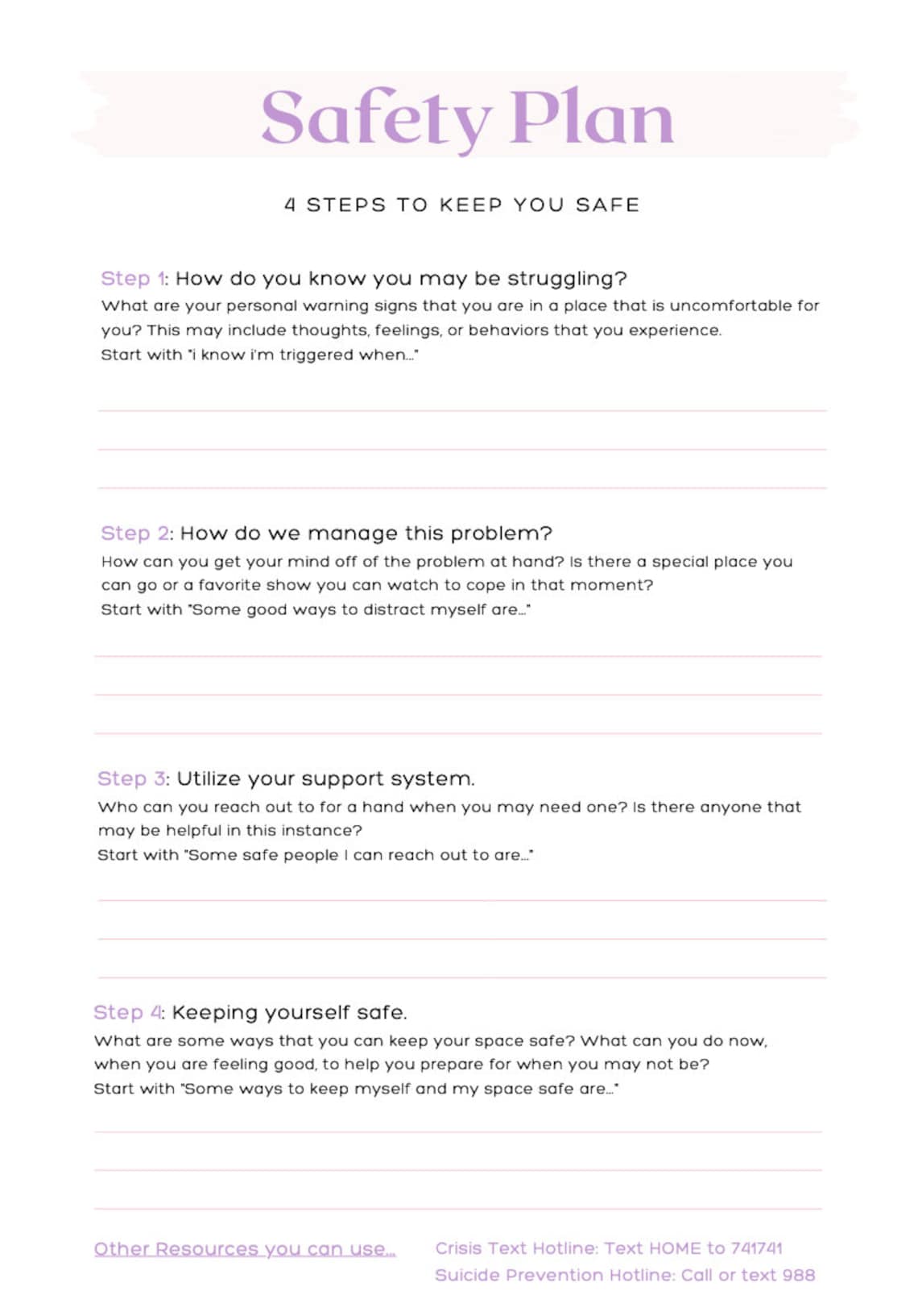 Safety Plan Worksheet PDF - Etsy