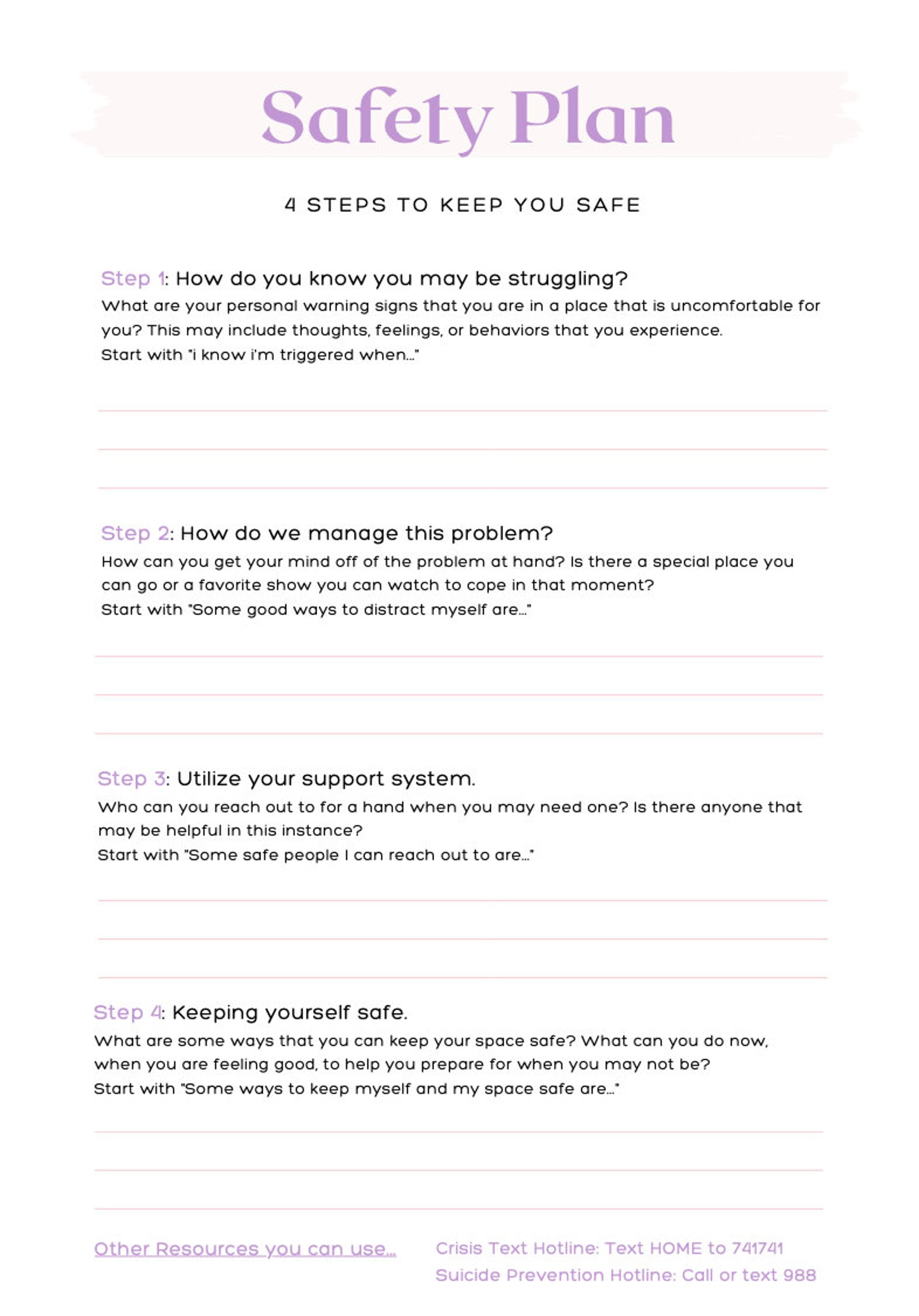 Safety Plan Worksheet PDF - Etsy